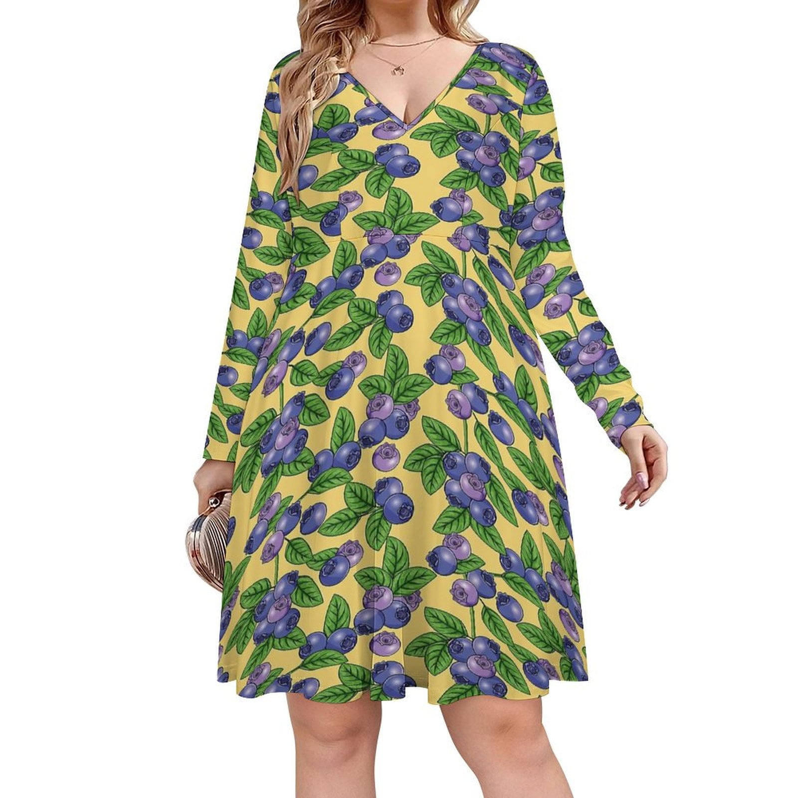 Blueberries Pattern Long Sleeve Dresses For Women Vintage Elegant Party ...
