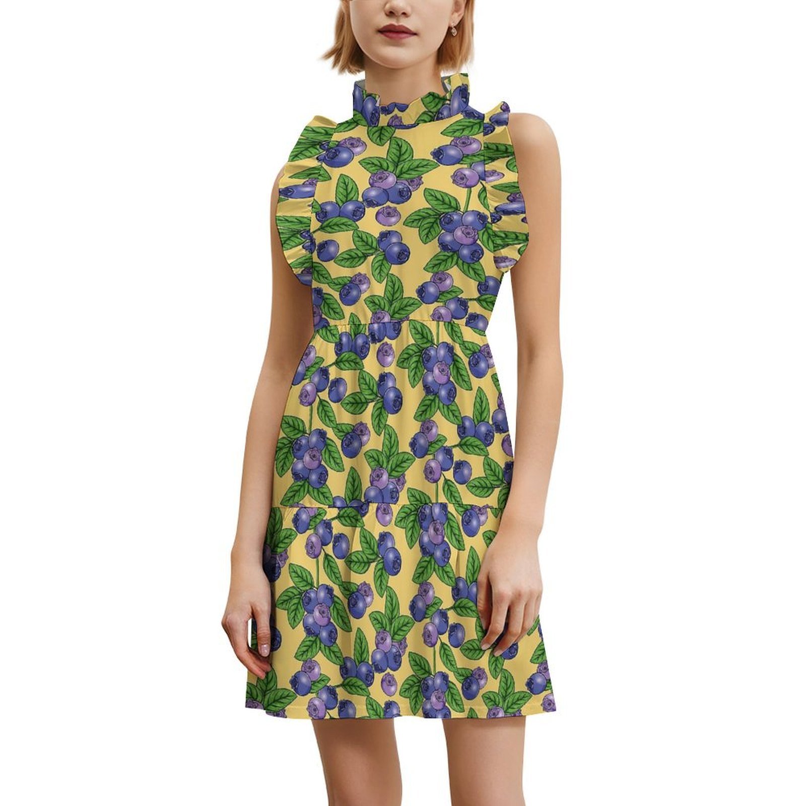 Blueberries Pattern Women's Fashion Casual Dress Summer Stand Up Collar ...