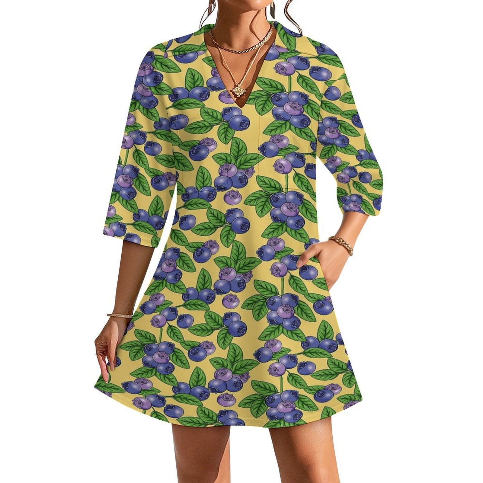 Blueberries Pattern Womens Dress With Pockets Summer V Neck 3/4 Sleeve ...