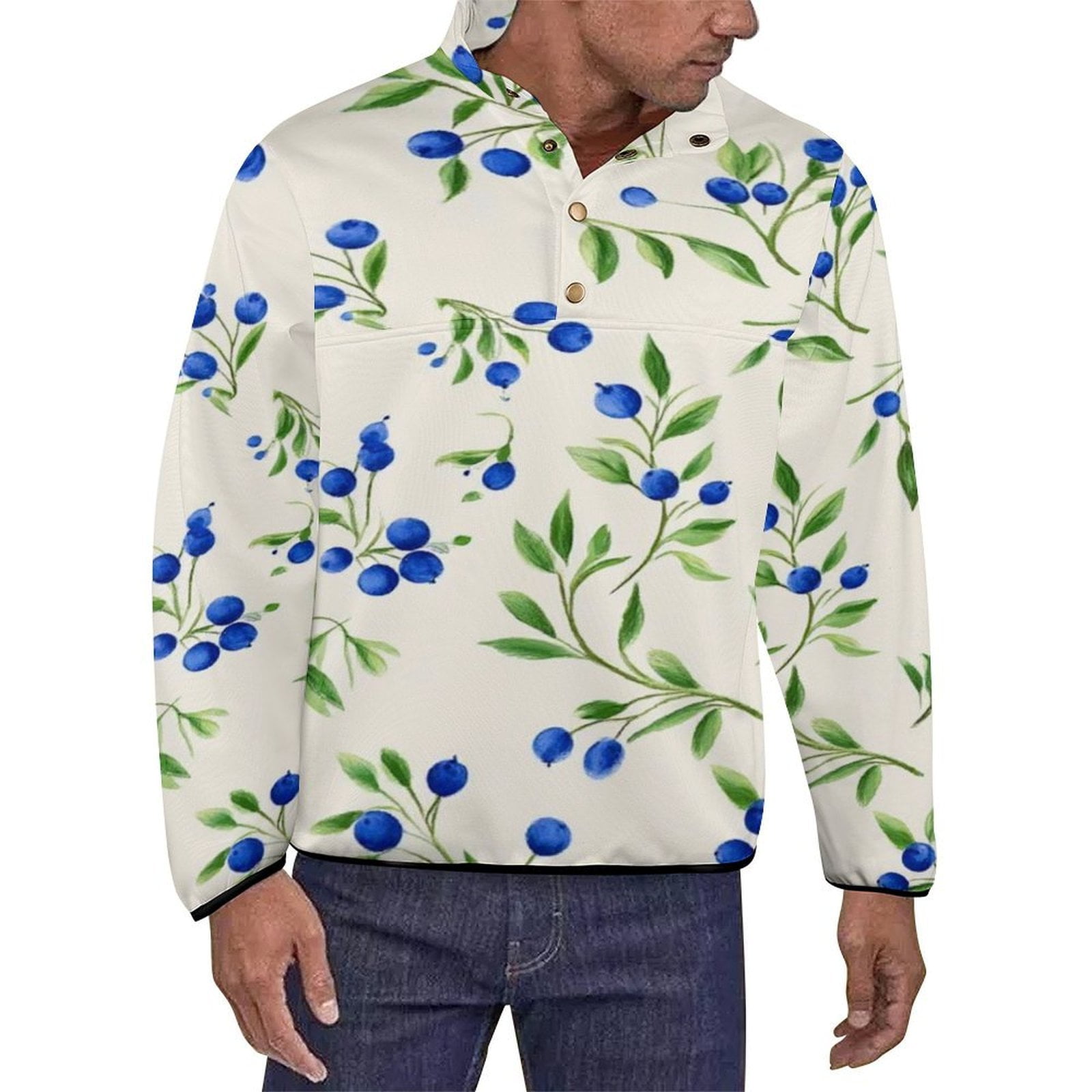 Blueberries Seamless Pattern Repeat Design Men's Stand Collar Sweater ...