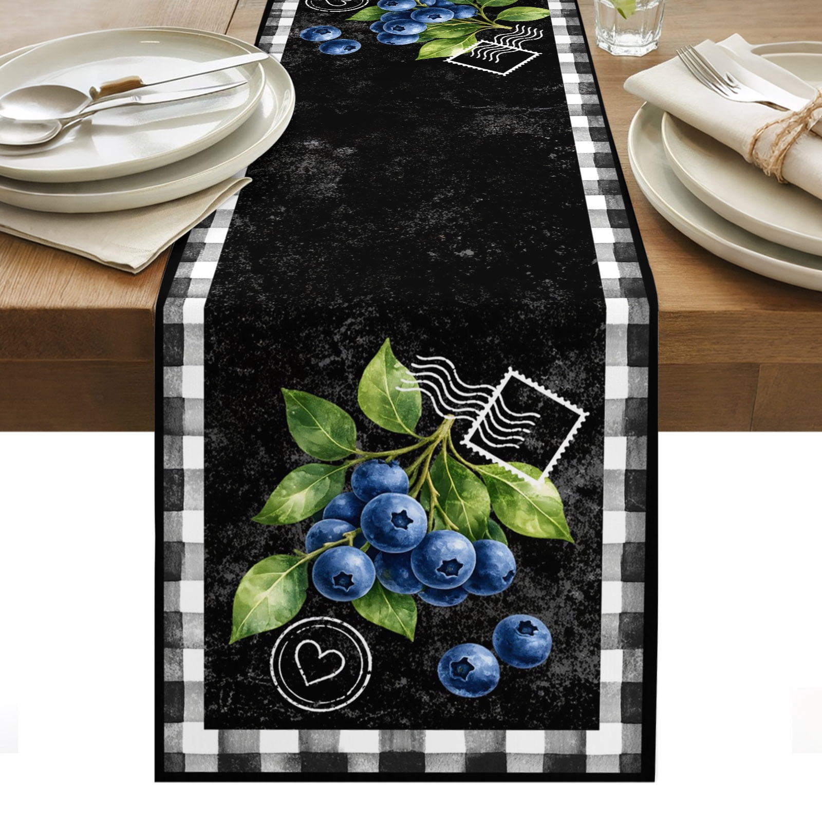 Blueberries Table Runner, Fall Harvest Blueberry Green Leaf Heart Black ...