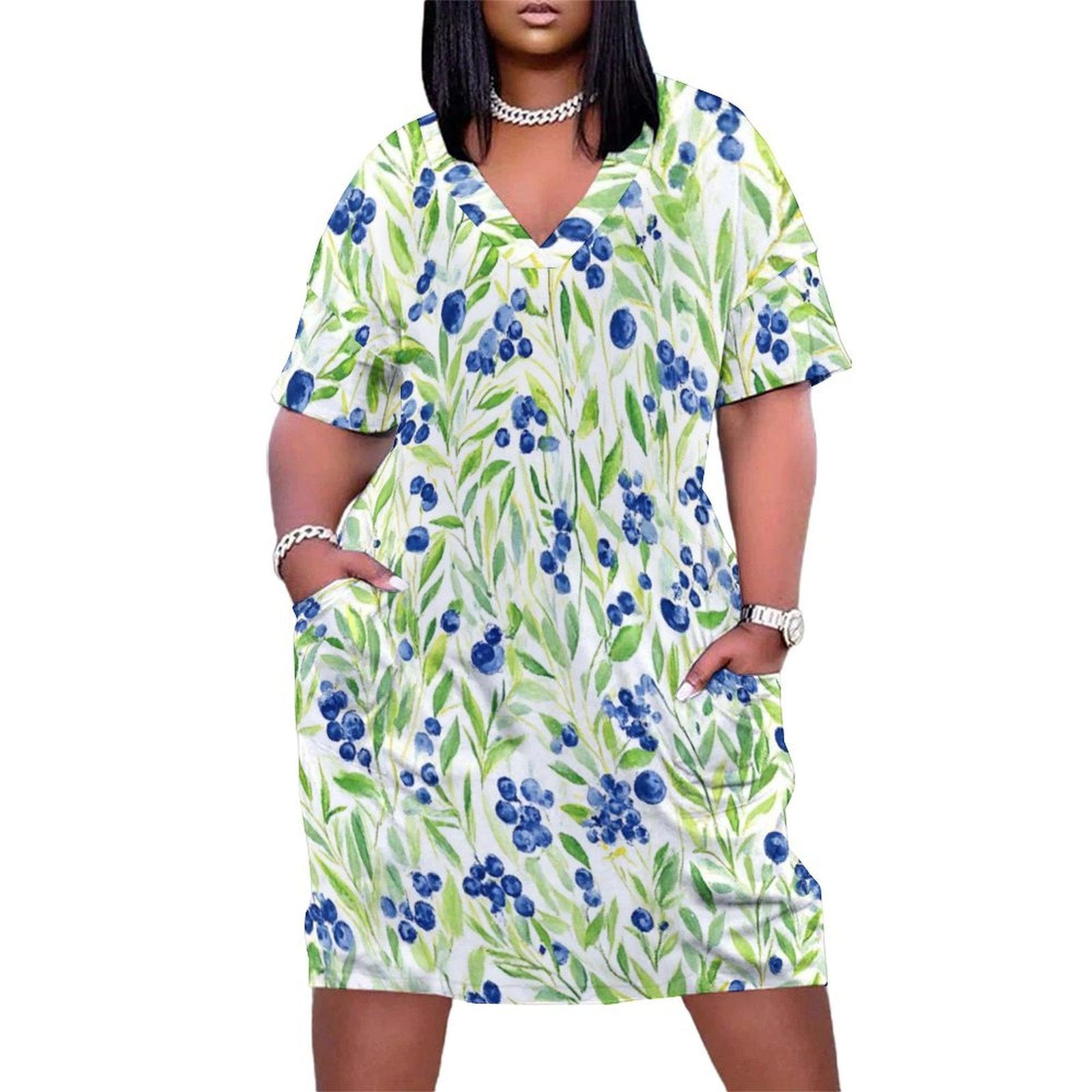 Blueberries Watercolor Leafy Pattern Design Loose Pocket Dress Dresses ...