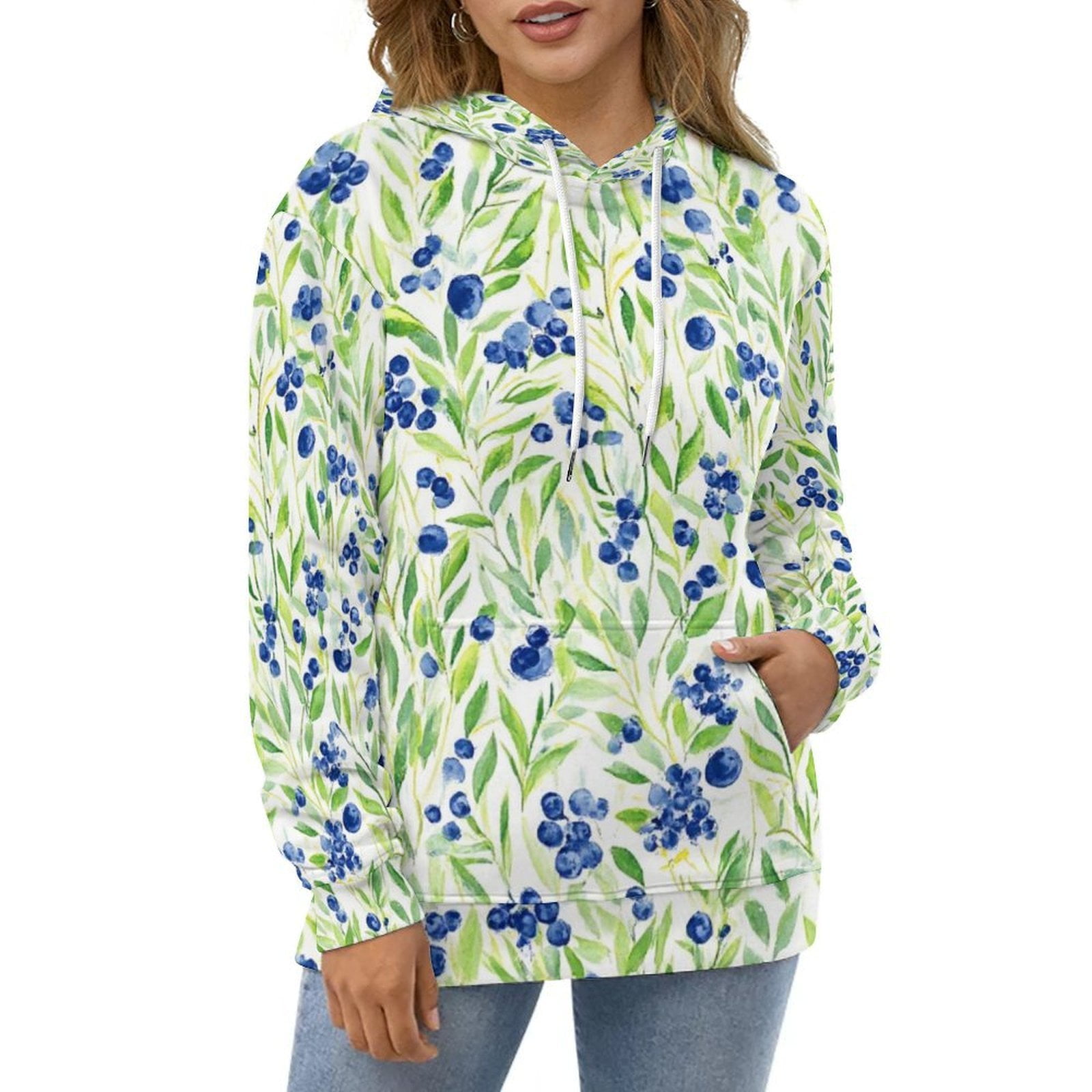 Blueberries Watercolor Leafy Pattern Design Oversized Hoodies For Woman ...
