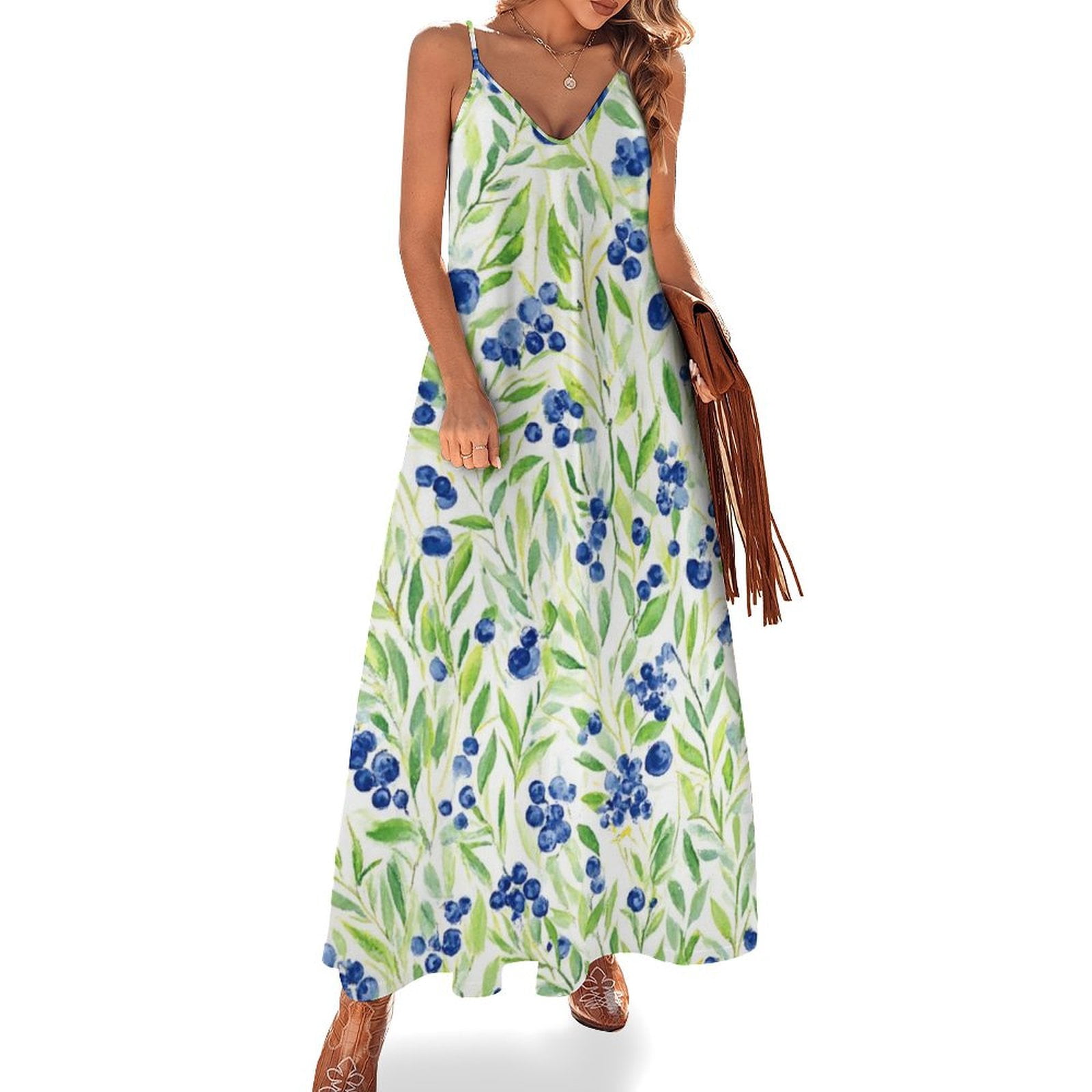 Blueberries Watercolor Leafy Pattern Design Sleeveless Dress Women's ...