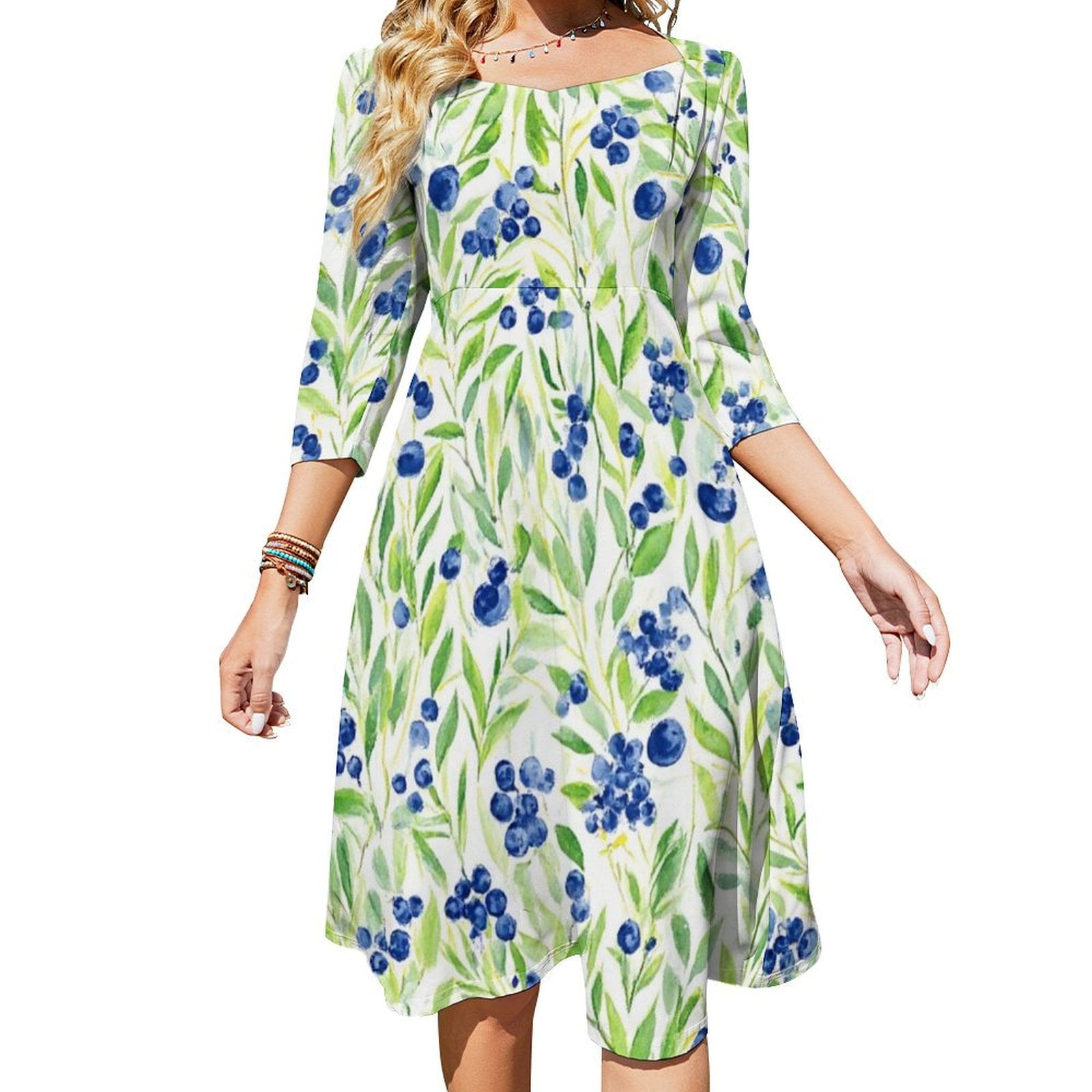 Blueberries Watercolor Leafy Pattern Design Sweetheart Knot Flared ...