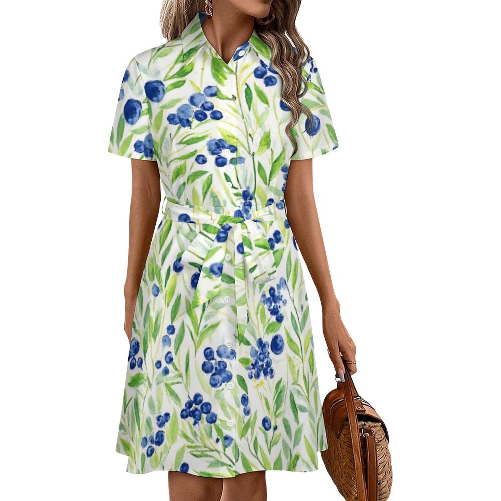 Blueberries Watercolor Leafy Pattern Design Womens Shirt Dresses Women ...