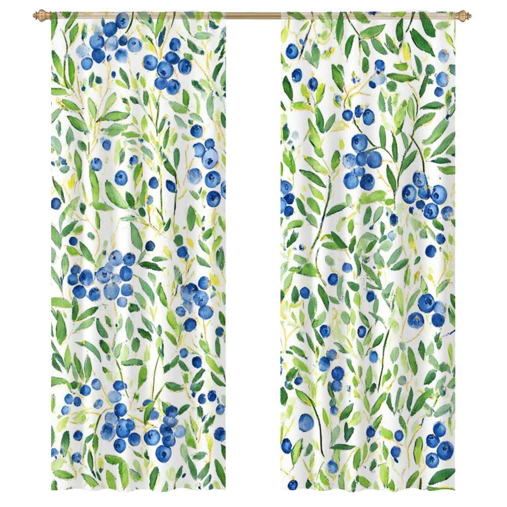 Blueberries Watercolor Leafy Pattern Tulle Curtains For Living Room ...