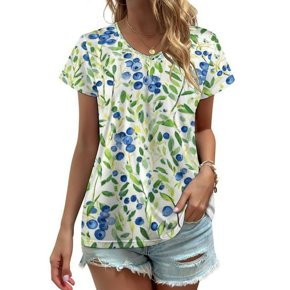 Blueberries Watercolor Leafy Pattern Women's Blouse Short Sleeve Women ...