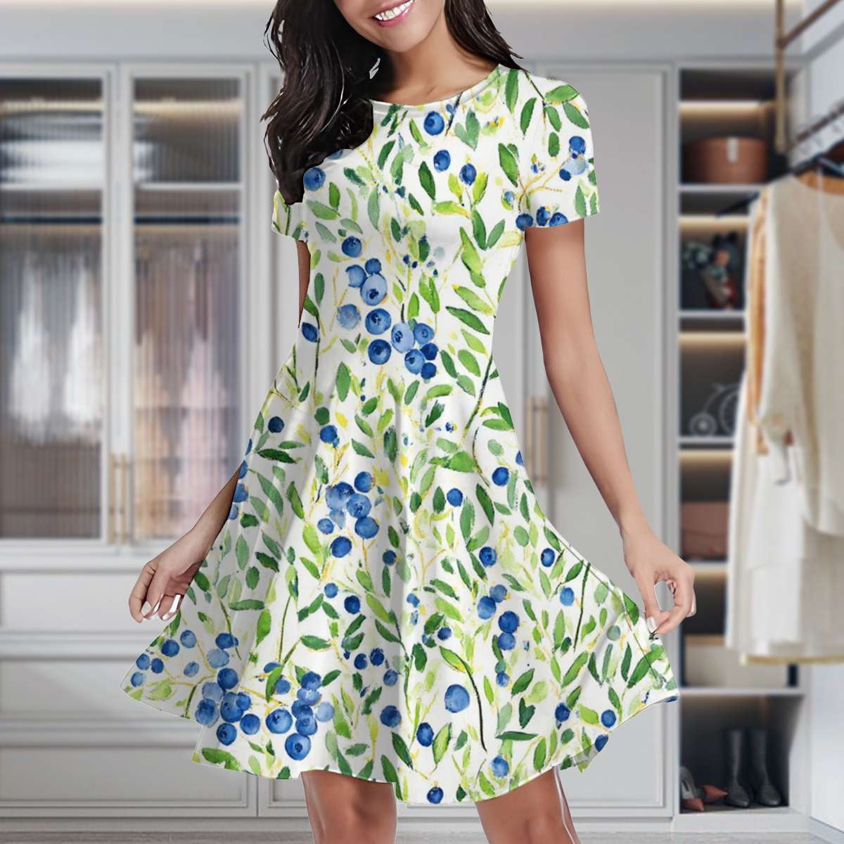 Blueberries Watercolor Leafy Pattern Women's Classic Swing Skater Dress ...