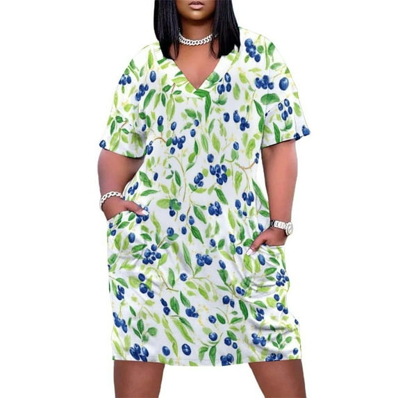 Blueberries White Background Green Leaves Loose Pocket Dress Dresses ...