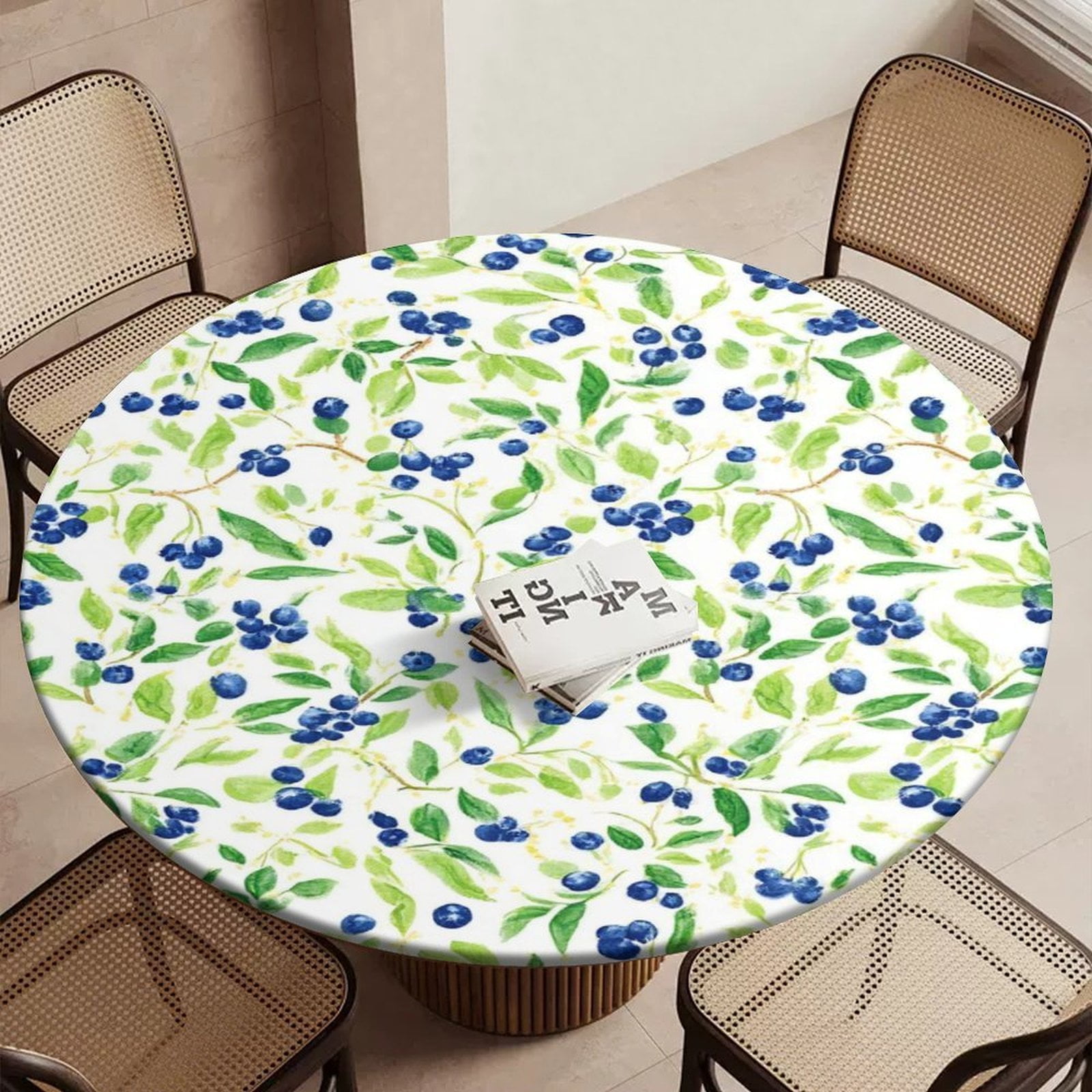 Blueberries White Background Green Leaves Round Table Cover Kitchen ...