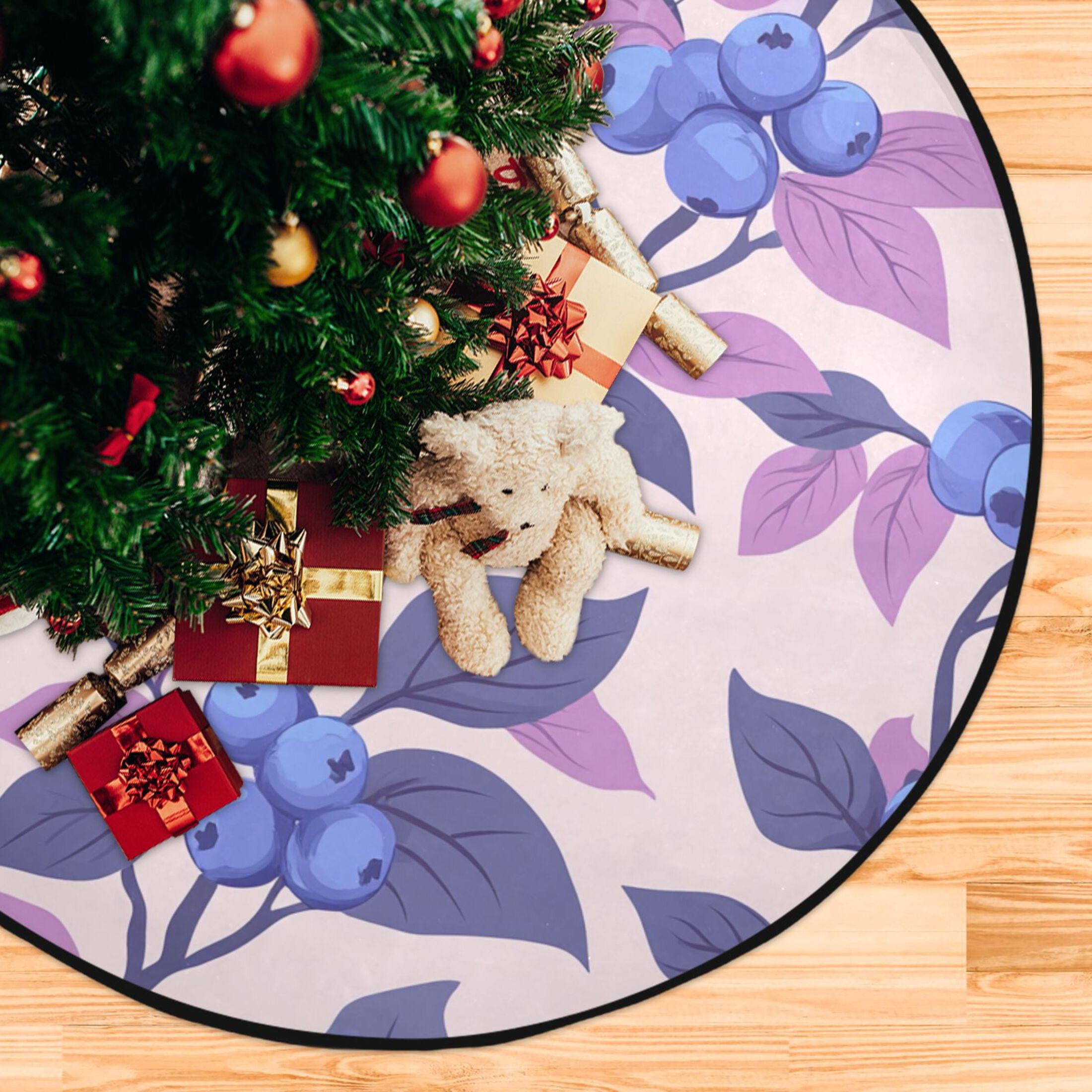 Blueberries and Branches Christmas Tree Stand Mat Waterproof Floor ...