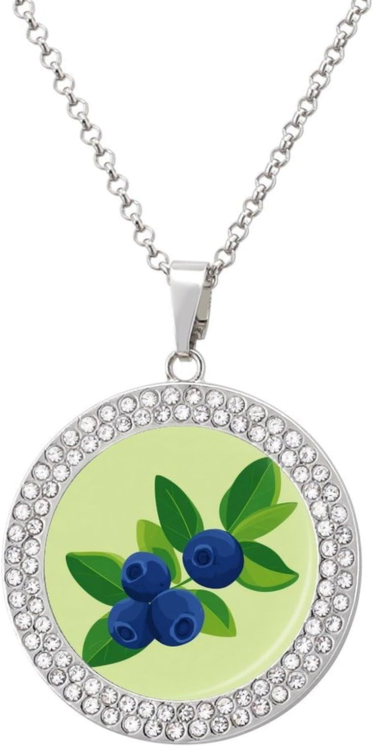 Blueberries with Leaves on Light Green Round Pendant Necklace Silver ...