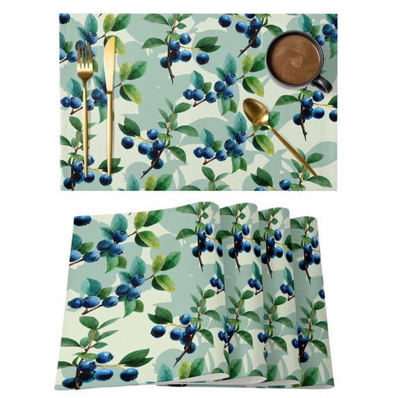 Blueberry Botanical Placemats Set of 6 Green Spring Leaves Branches ...