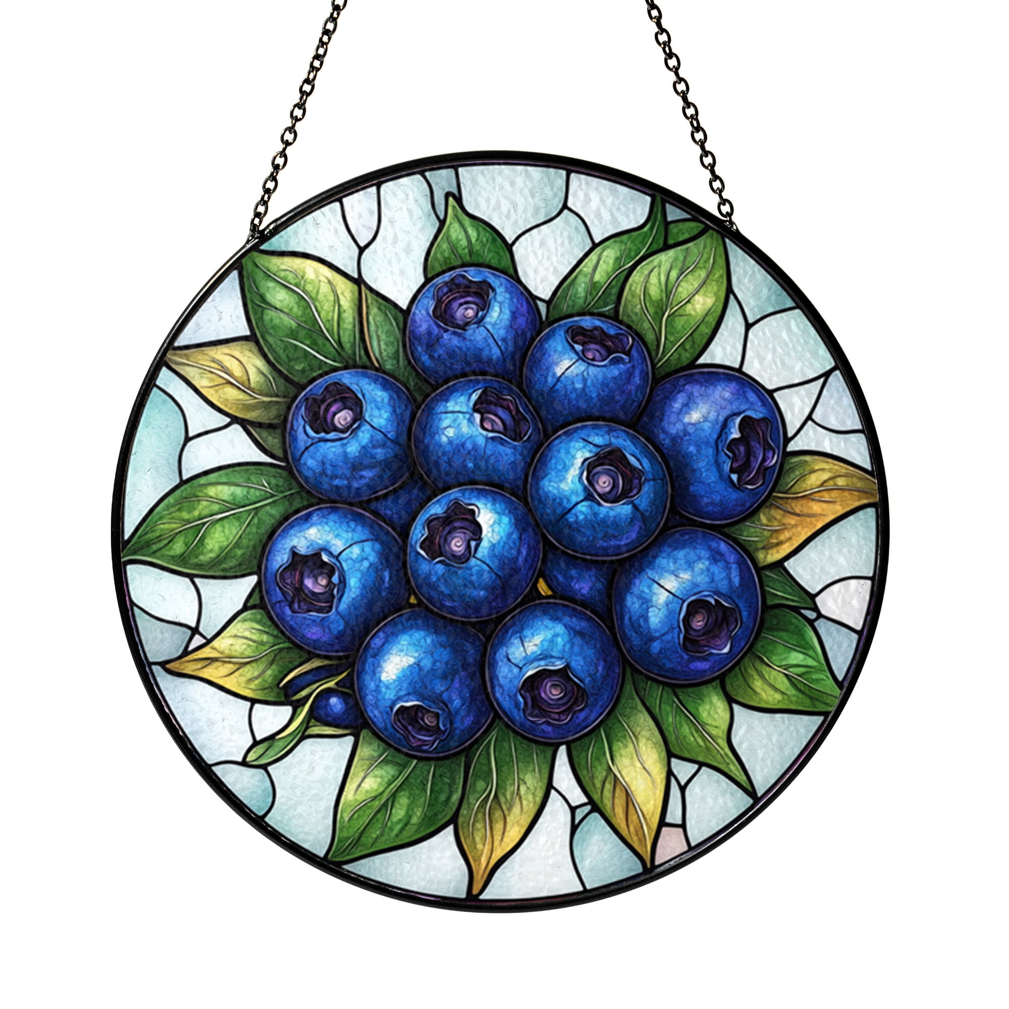Blueberry Fruit Stained Glass Suncatcher Round Window Hanging Panel for ...