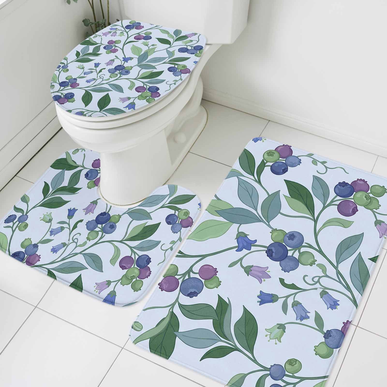 Blueberry Leaves Bathroom Rugs Set Watercolor Blue Purple Fruit Floral ...