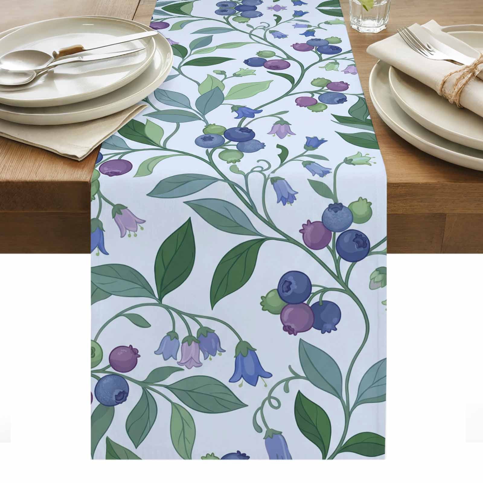 Blueberry Leaves Cotton Linen Table Runner Watercolor Blue Purple Fruit ...
