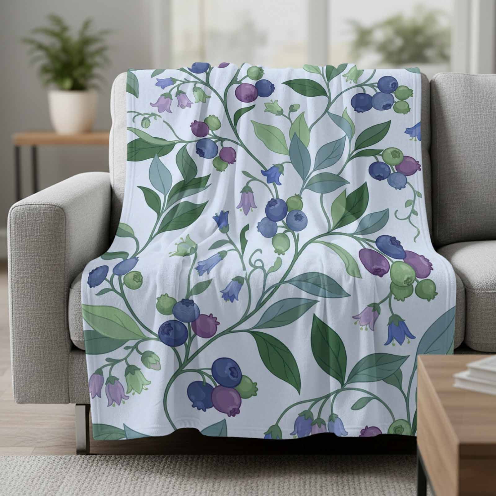 Blueberry Leaves Fleece Throw Blanket Watercolor Blue Purple Fruit ...