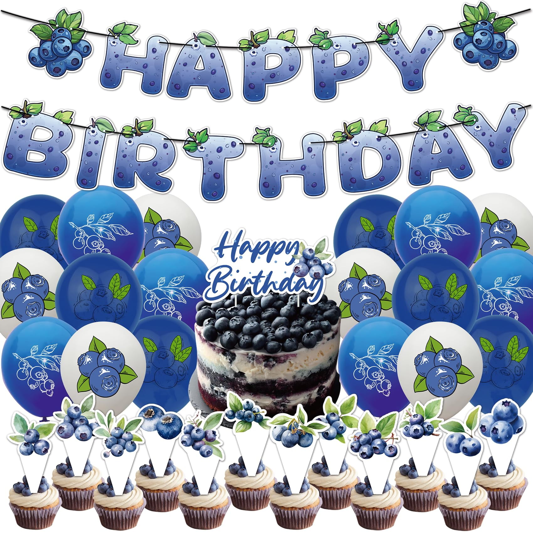 Blueberry Party Supplies - Birthday Banner, KKS1 Cake Topper, Cupcake ...