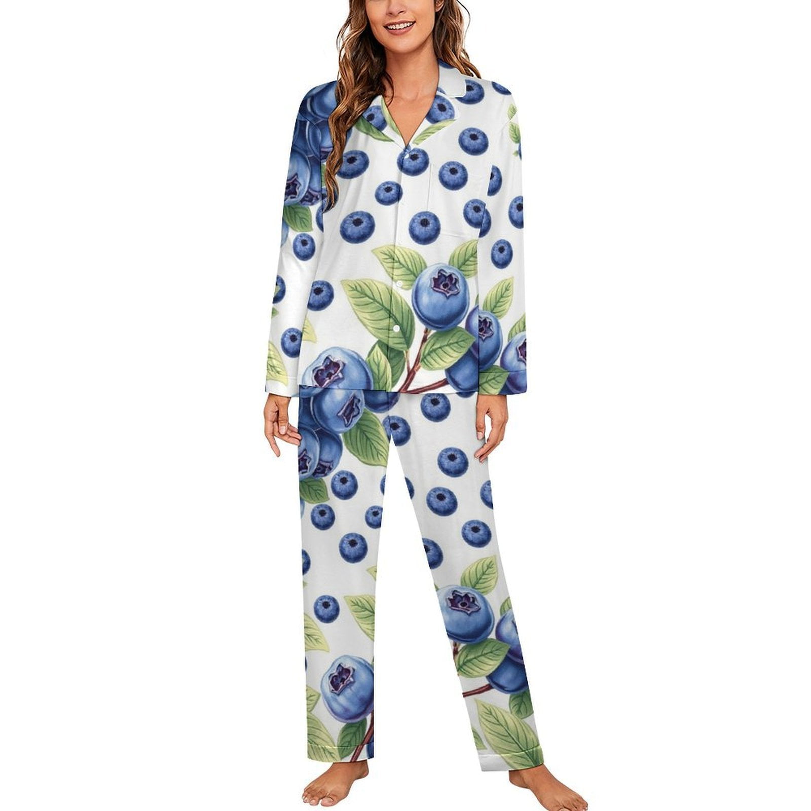 Blueberry Pattern Background Pajamas Long-Sleeve Two Piece Pajamas Set ...
