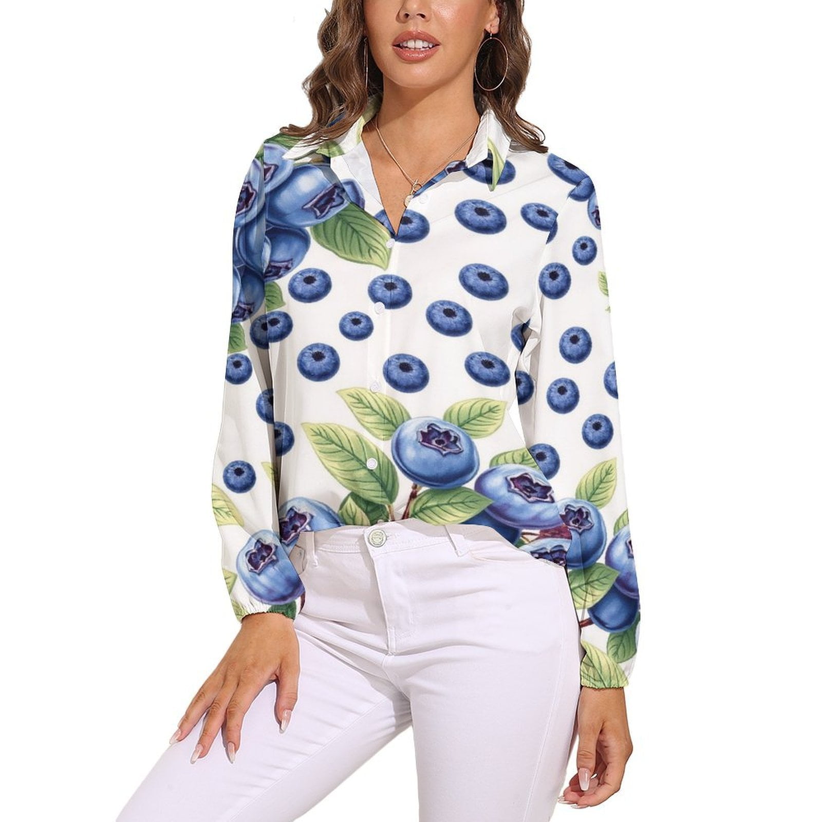 Blueberry Pattern Background Women Long Sleeve Shirts Clothing Autumn ...