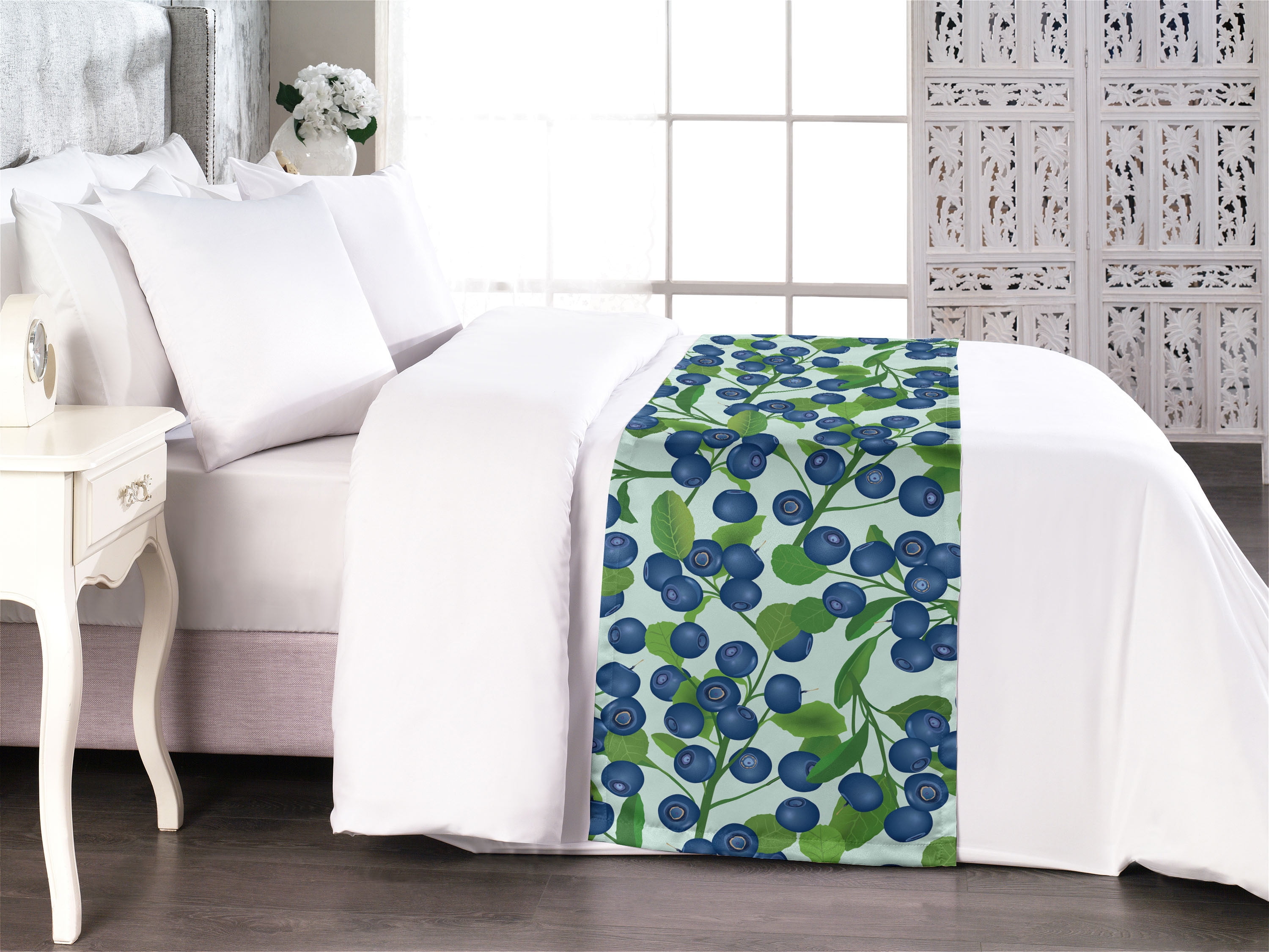 Blueberry Pattern Bed Runner, Simple Modern Leafy Designed Berry ...