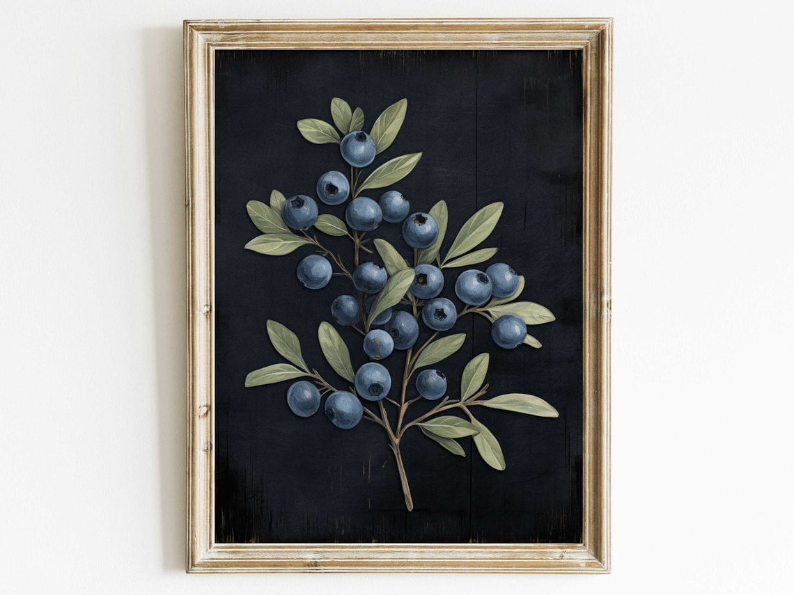 Blueberry Print, Black Botanical Wall Art, Berry Art, Scandinavian Wall ...