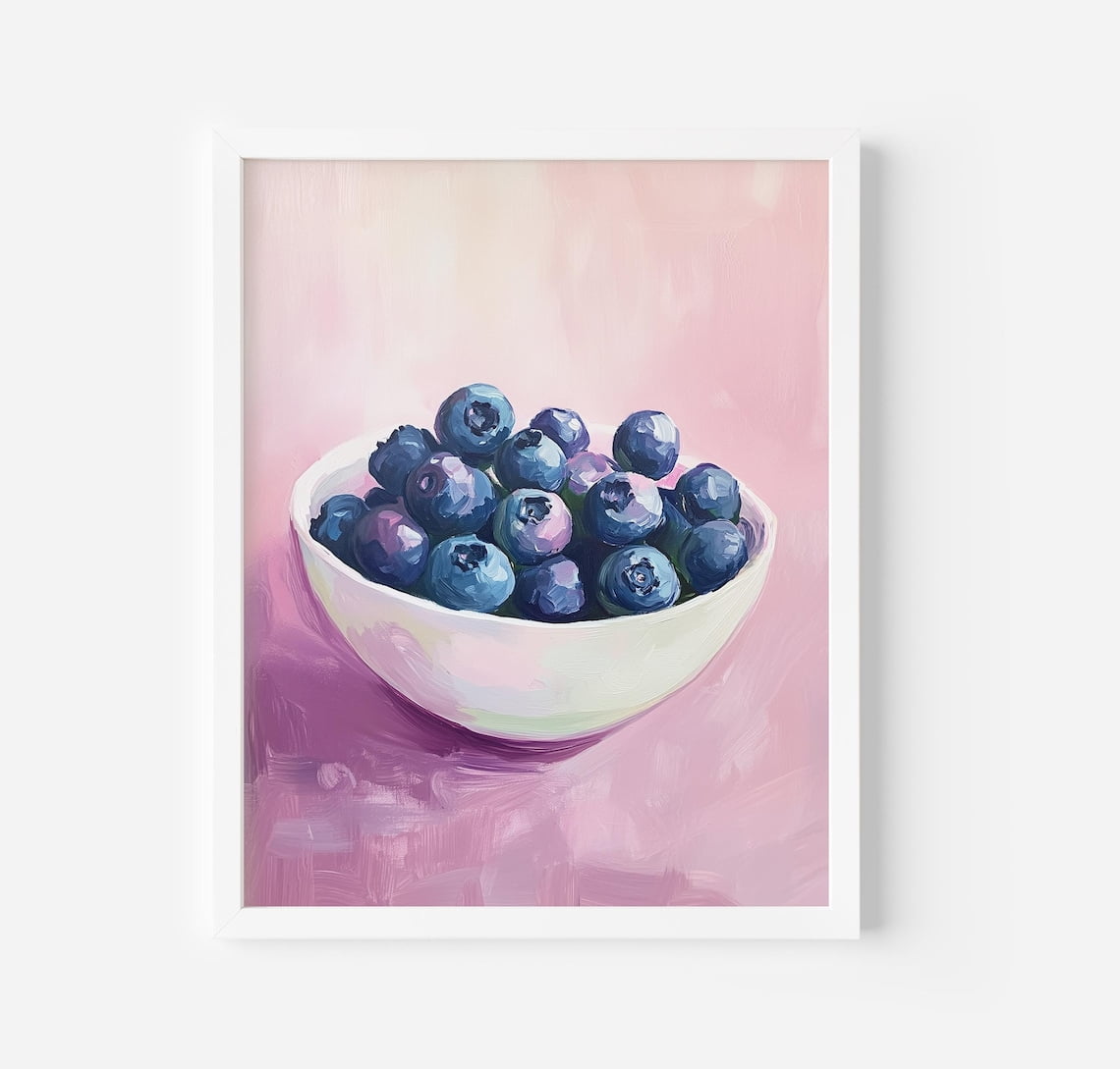 Blueberry Still Life Art Poster Girly Pastel Kitchen Decor , Fruit Bowl ...