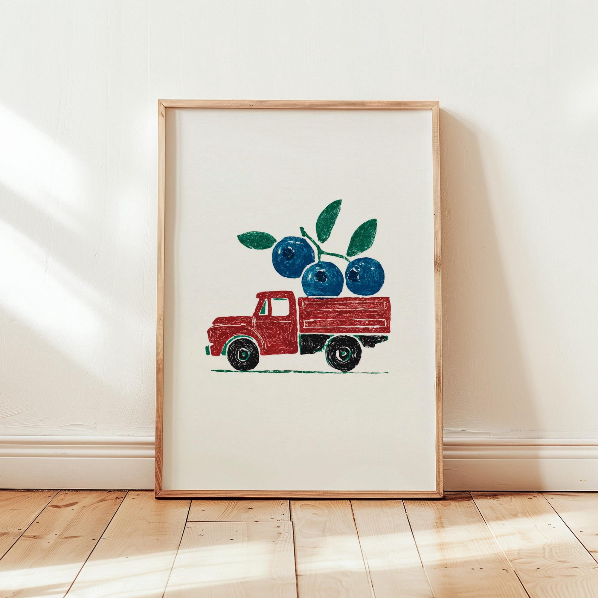 Blueberry Truck Poster Red Pickup Fruit Illustration Wall Art Rustic ...