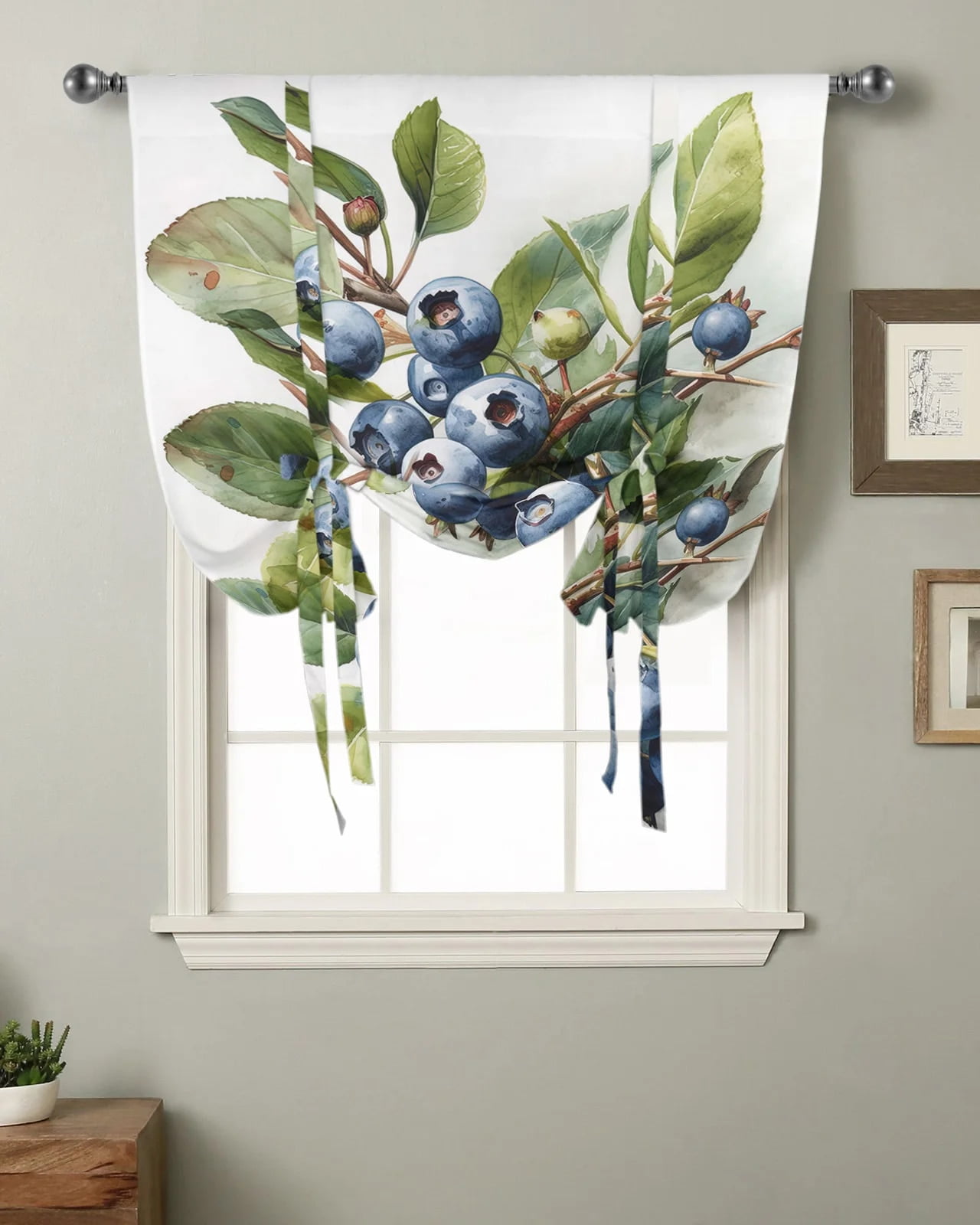 Blueberry Watercolor Leaf Kitchen Short Window Curtain Rod Pocket ...
