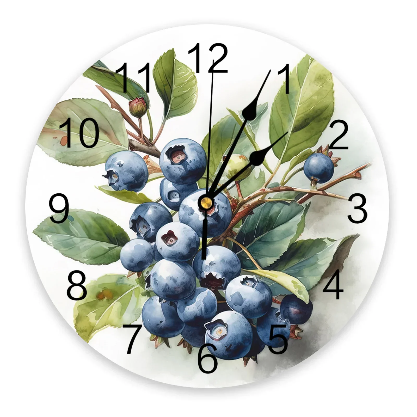 Blueberry Watercolor Leaf Wall Clock Large Modern Kitchen Dinning Round Wall Clocks Bedroom ...