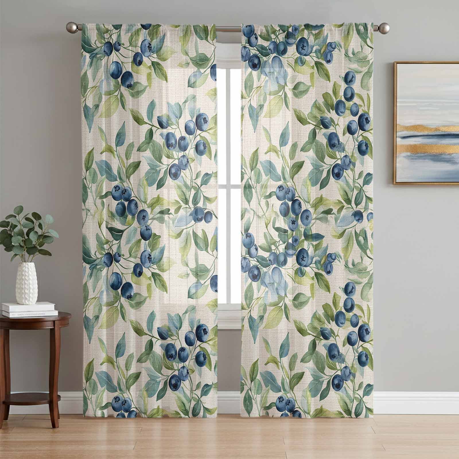 Blueberrys Leaves Sheer Curtains 72 Inch Length 2 Panels Set, Farmhouse ...