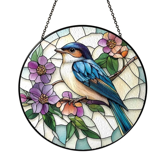 Bluebird Floral Stained Glass Style Window Suncatcher Hanging Decor ...