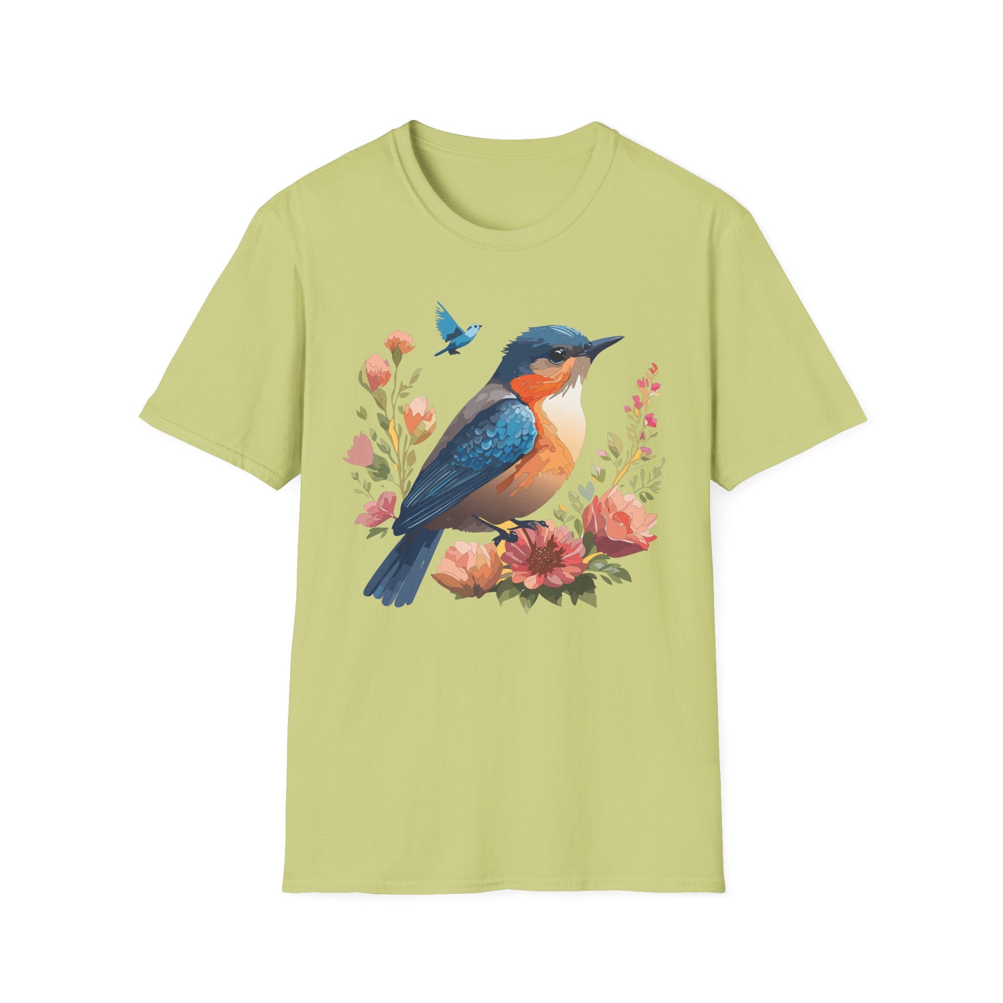 Bluebird Floral T-Shirt Colorful Bird Flowers Tee Unisex Cotton Short ...