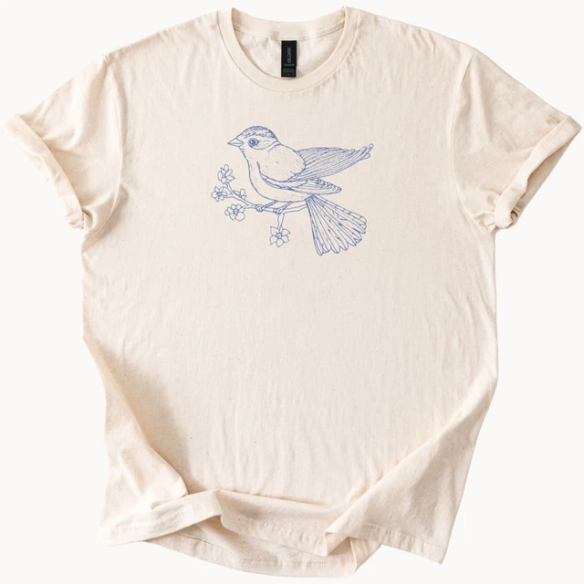 Bluebird Line Art Graphic Tee Nature Sketch Bird on Branch T Shirt ...