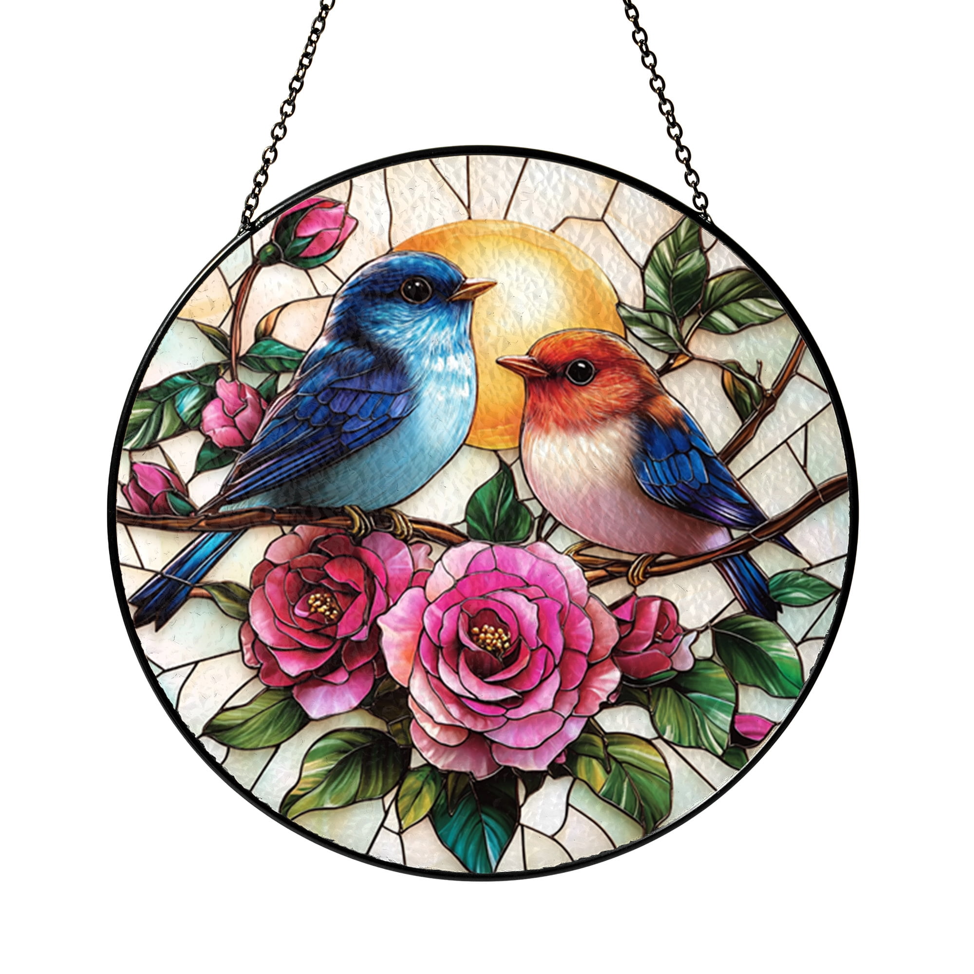 Bluebird Pair and Rose Stained Glass Window Hanging, Floral Art Panel ...