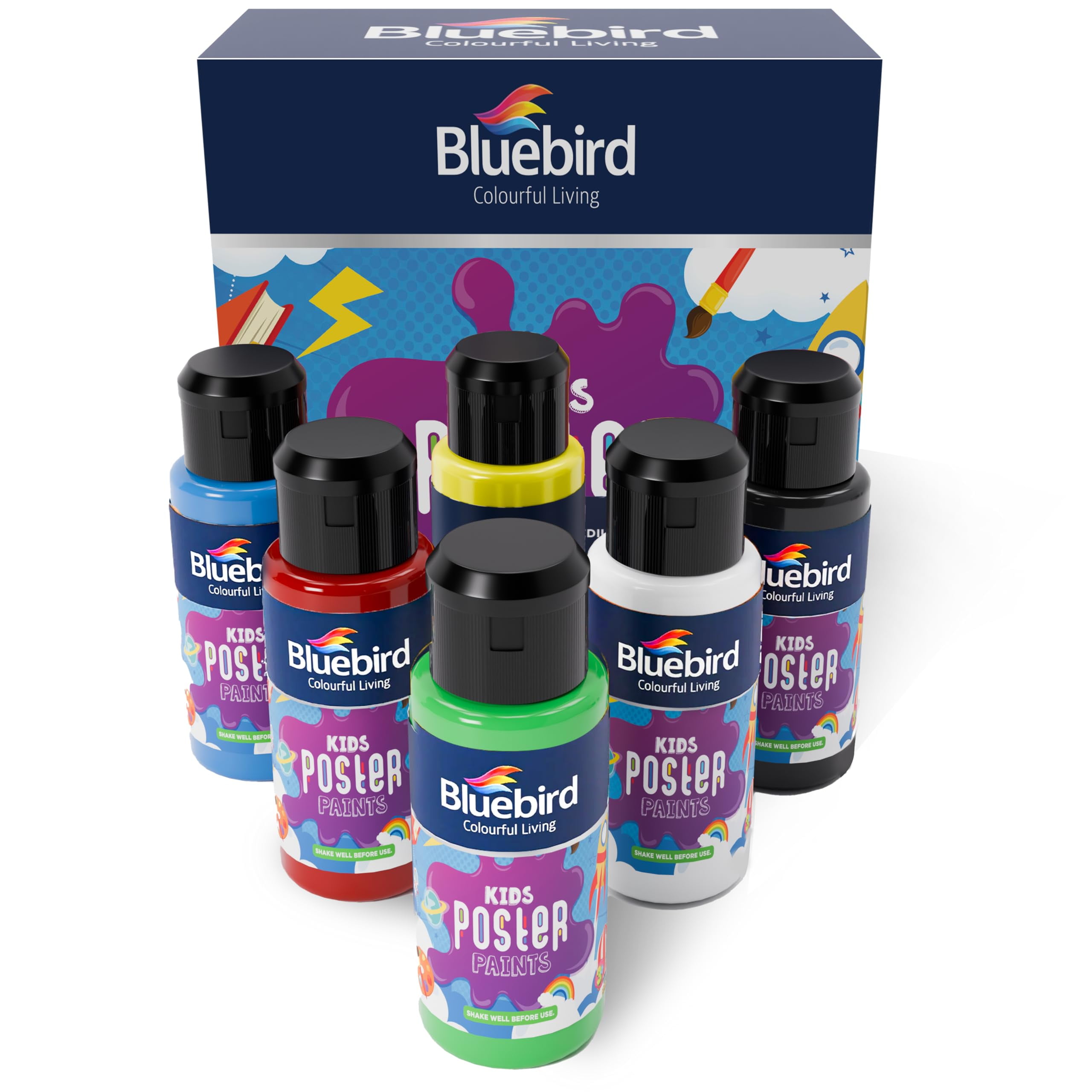 Bluebird Premium Poster Paints 3.4 Fl Oz / 100ml Set of 6 - Vibrant Primary Colors for Stunning ...