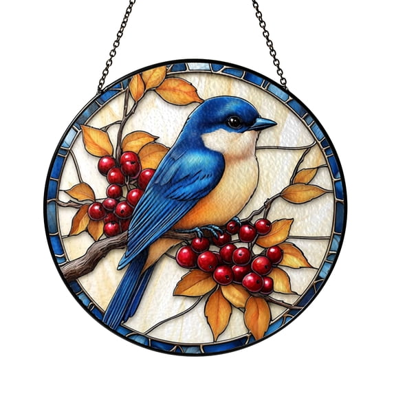Bluebird Red Berry Window Hanging, Stained Glass Style Bird Suncatcher ...
