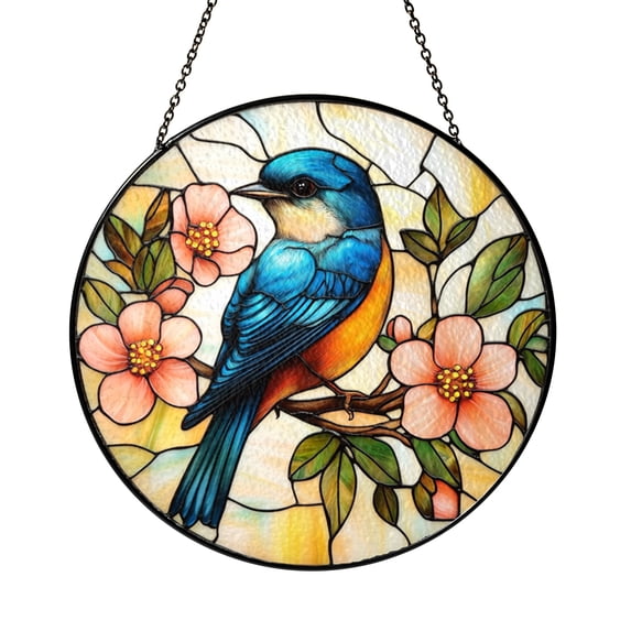 Bluebird Stained Glass Suncatcher, Round Bird Window Panel with Nature ...