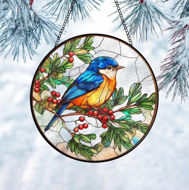 Bluebird Stained Glass Suncatcher Window Hanging, Bird Decor, Holiday ...