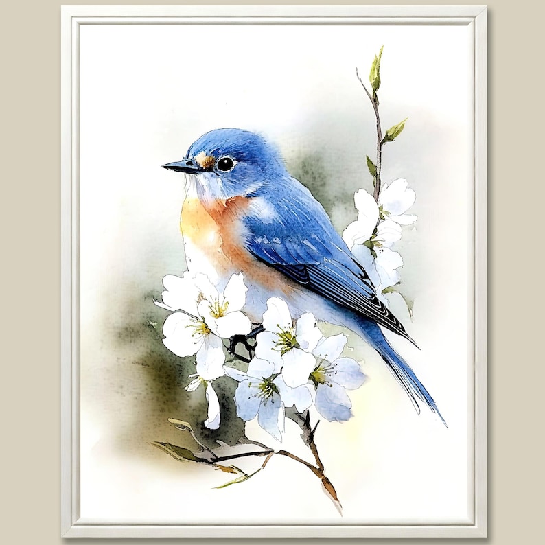 Bluebird Watercolor Painting Blooming Apple Tree Wall Art Bird On ...