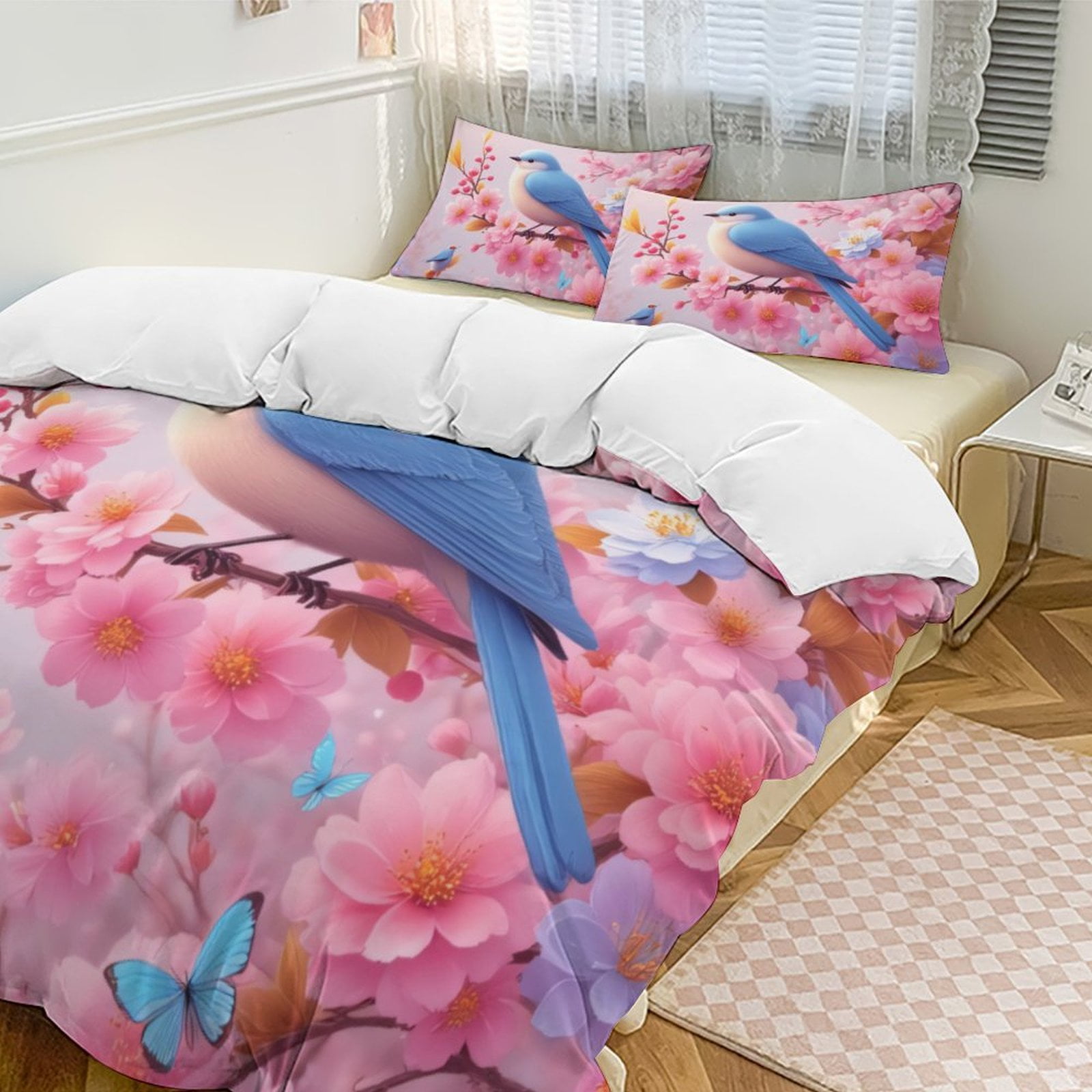 Bluebird in Cherry Blossoms Duvet Cover Set Themed Multicolor Polyester ...