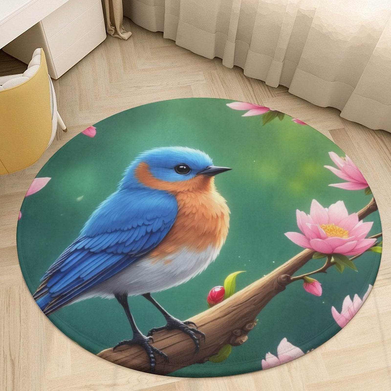 Bluebird on Cherry Blossom Branch Round Area Rugs for Bedroom Living ...