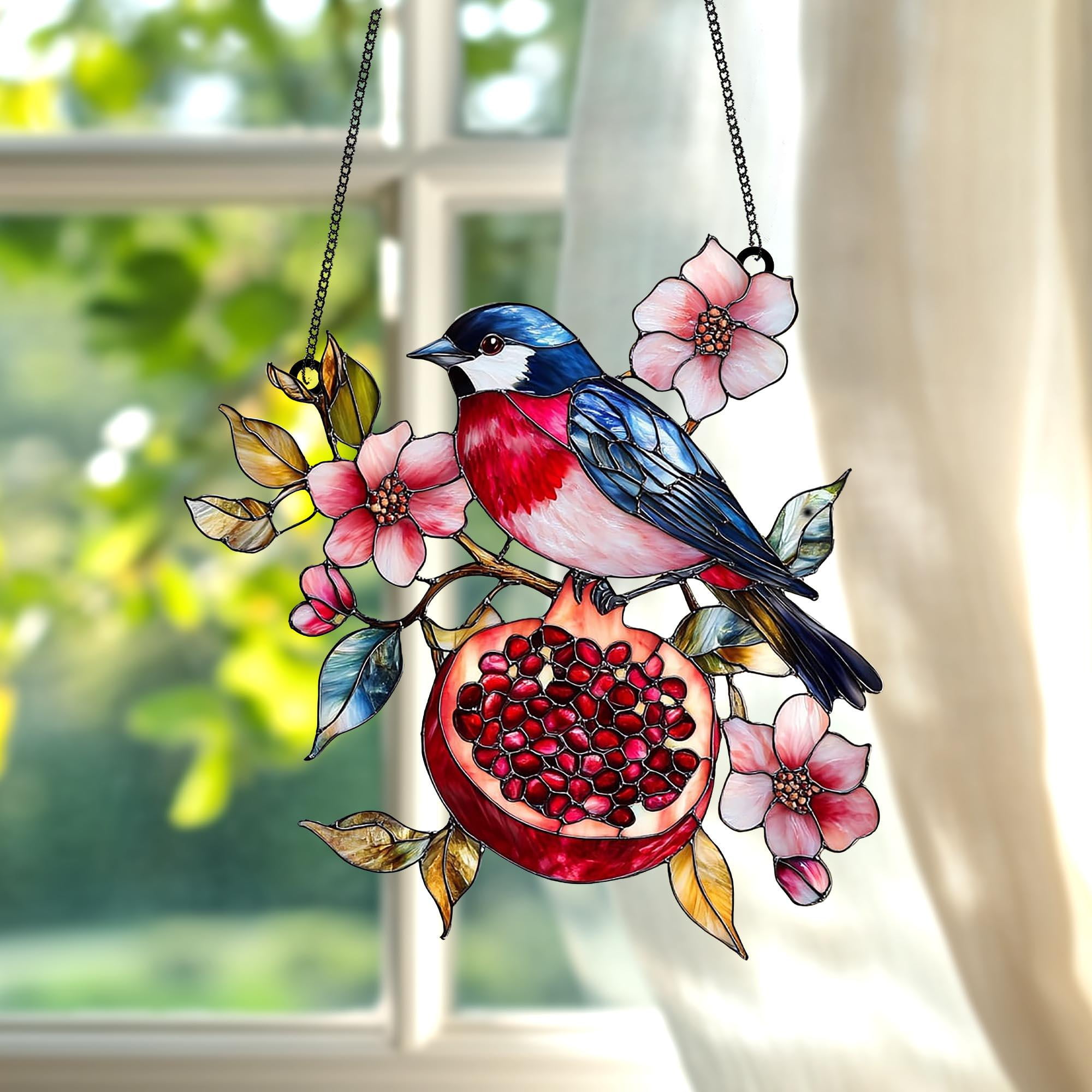 Bluebird on Pomegranate Branch Faux Stained Glass Suncatcher, Acrylic ...