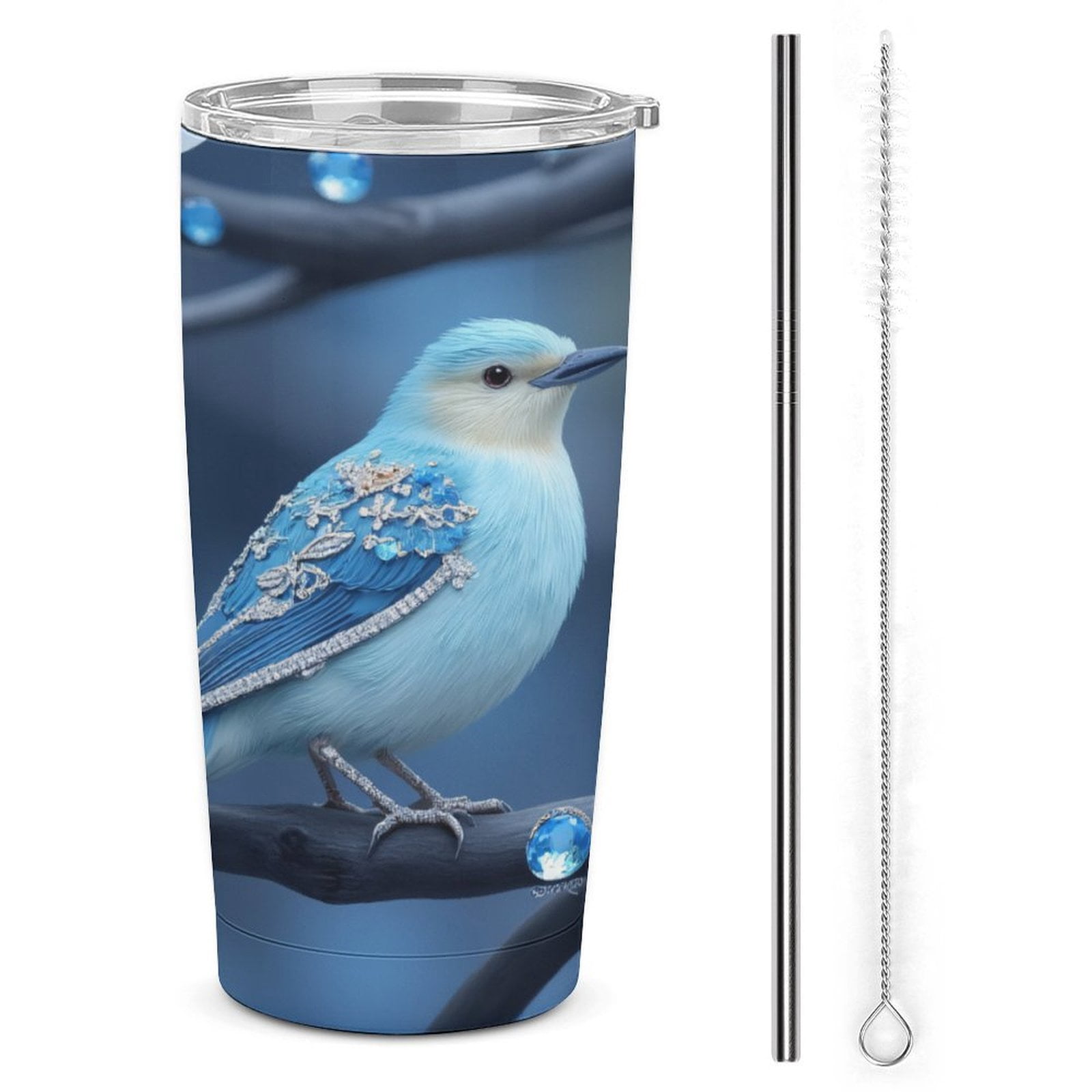 Bluebird with Floral Print Tumbler with Lids And Straws Insulated Cup ...