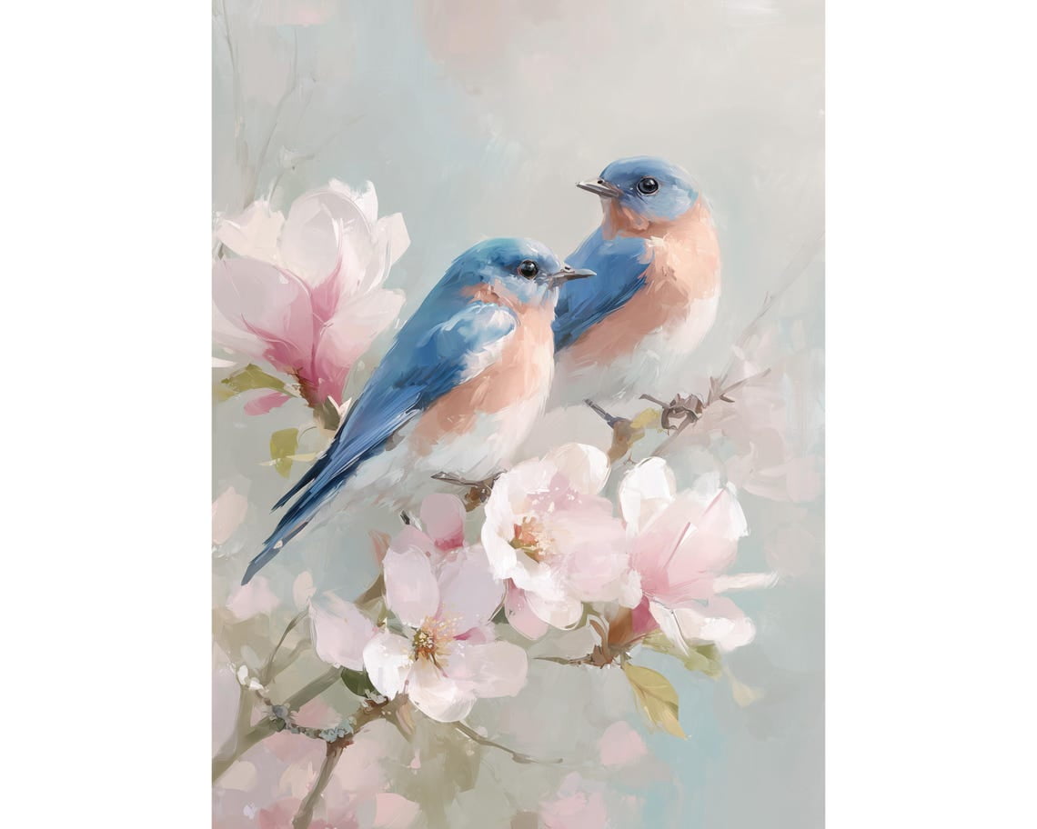 Bluebirds on Magnolia Branch Spring Floral Wall Art Pastel Sky Nature ...