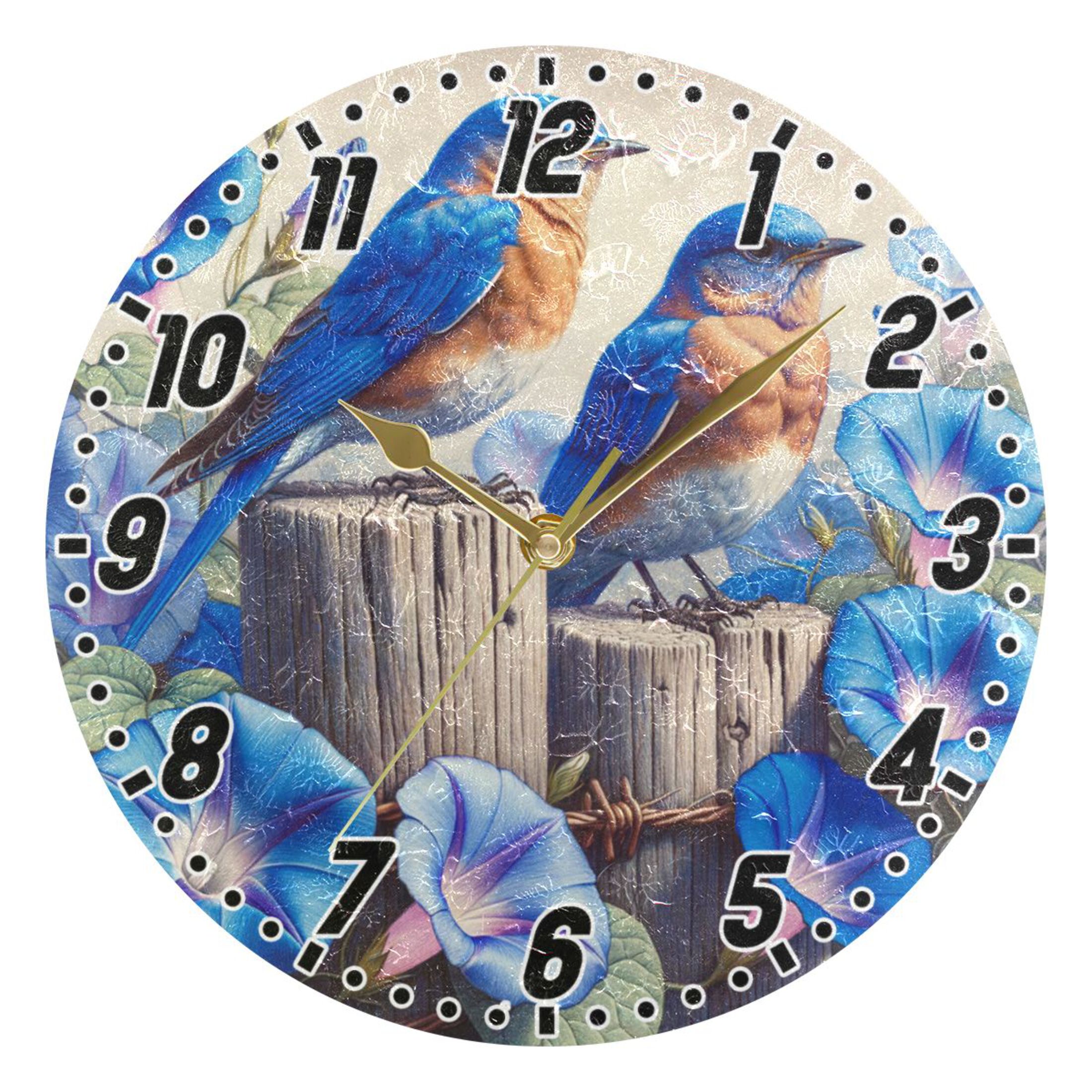 Bluebirds on Wooden Fence and Flower Round Wall Clock Battery Operated ...