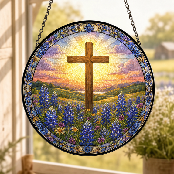Bluebonnet Cross Stained Glass Suncatcher for Window Hanging, Country ...