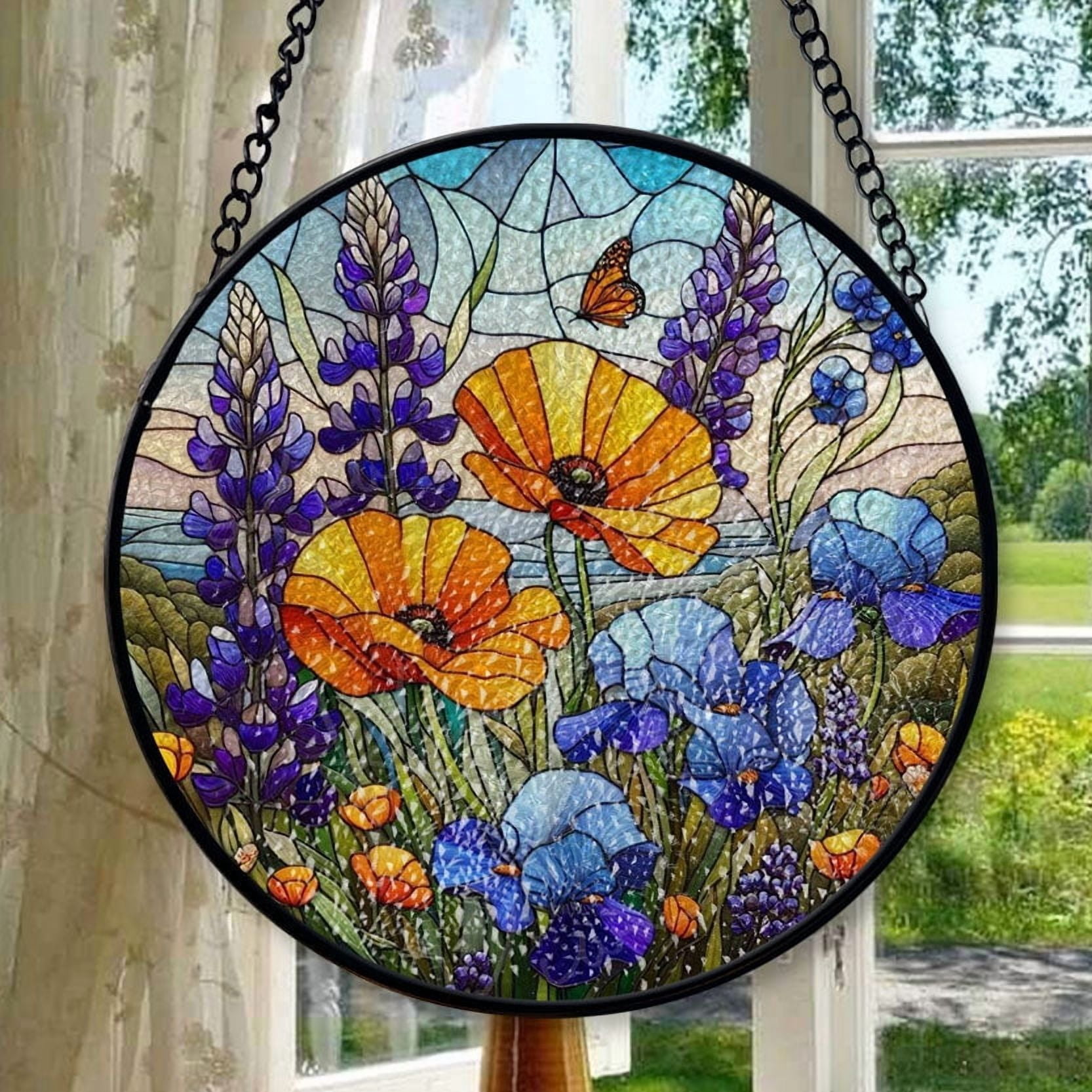 Bluebonnets and Orange Poppies GLASS Suncatcher Hanging, orange poppies ...