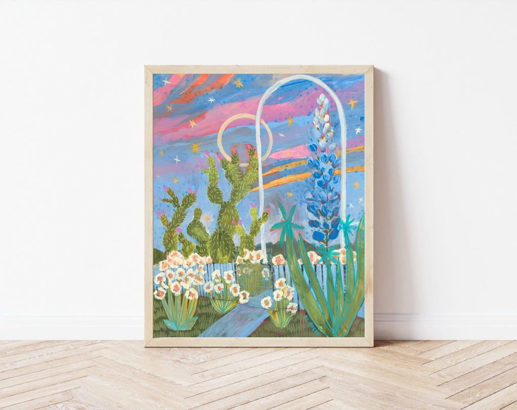 Bluebonnets Prickly Pear Sunset Print Austin Mixed Media Collage Wall ...
